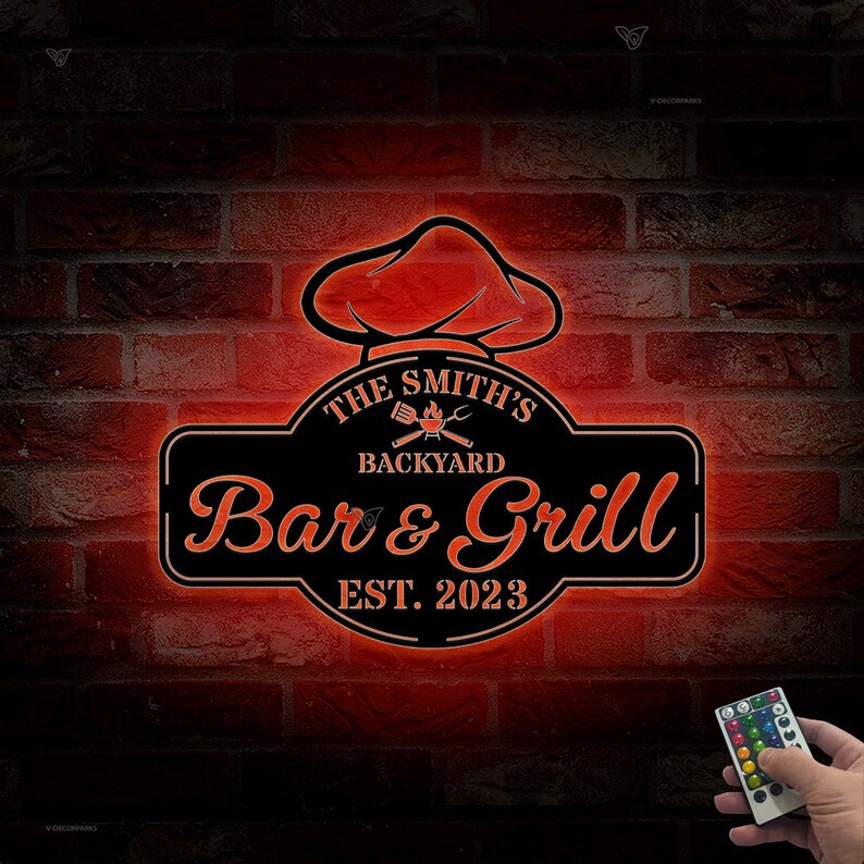 Personalized Backyard BBQ Metal Wall Art LED Light,bbq Metal Wall Art ...