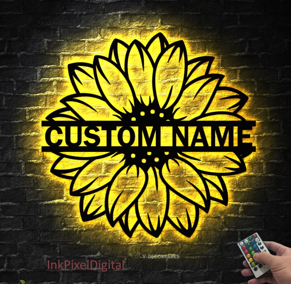 Custom Sunflower Monogram Metal Wall Art With LED Lights - Etsy