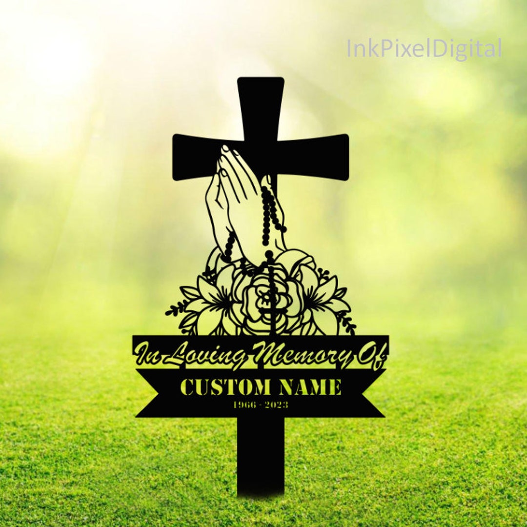 Personalized Cross With Praying Hand Memorial Stake, Remembrance Stake ...