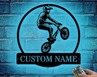 Custom BMX Bike Metal Wall Art LED Light, Personalized Bicycle Racing ...