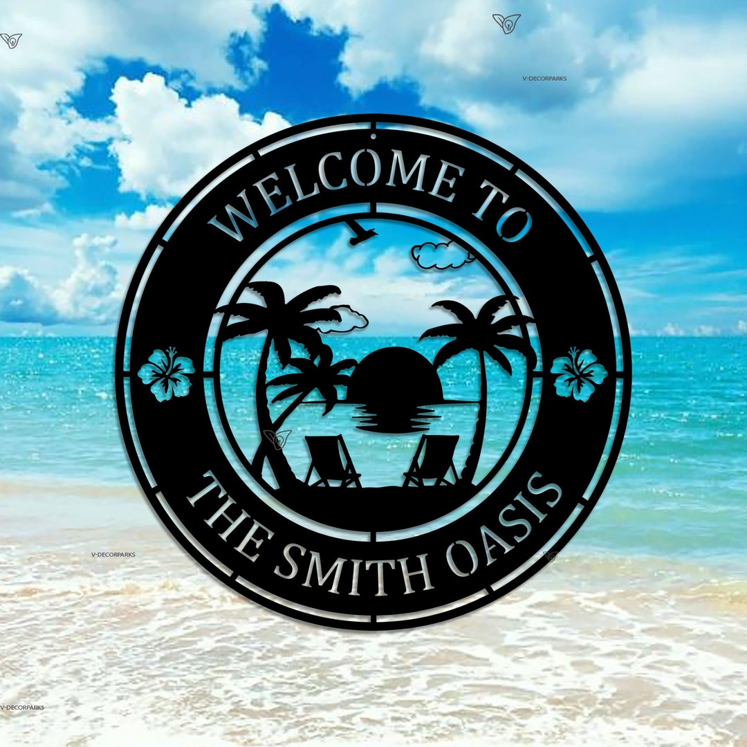 Personalized Tropical Metal Sign, Beach House Decor, Poolside Oasis - Etsy