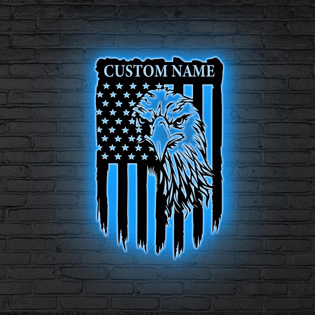 Custom US Flag Eagle Metal Sign LED Lights, Eagle Wall Art, Cabin Sign ...