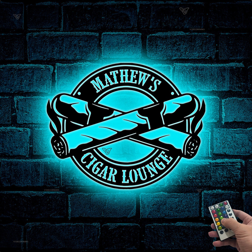 Personalized Cigar Lounge Metal Wall Art LED Light Custom Smoking Cigar ...