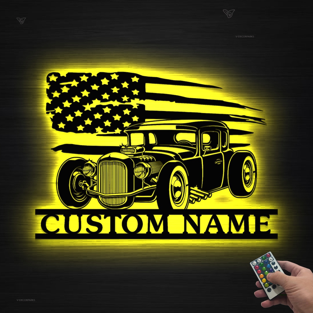 Personalized Hot Rod Metal Sign LED Light,garage Decor, Gift for Dad ...