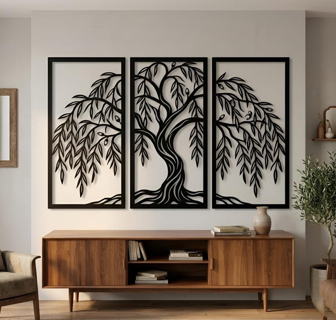 Willow Tree Metal Wall Art, 3 Panel Tree Wall, Minimalist Nature Wall ...