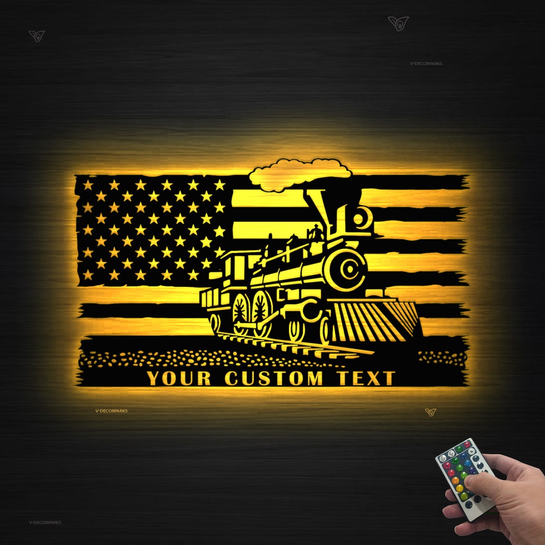 Custom Steam Engine Train Metal Wall Art LED Light Railway Metal Wall ...