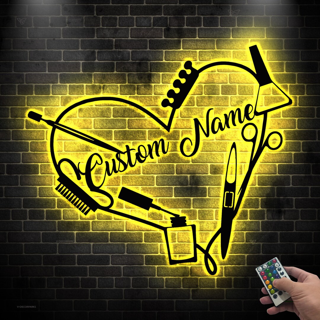 Custom Nail Tech Metal Wall Art LED Light Nail Beauty Salon Decoration ...