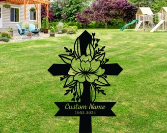 Custom Floral Cross Memorial Metal Stake, Cross Memorial Plaque With ...