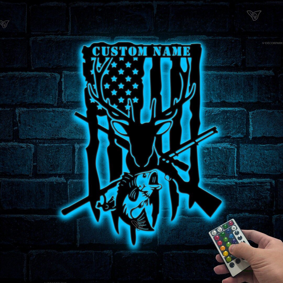 Custom Deer and Bass Fishing Metal Wall Art LED Hunting Sign ...