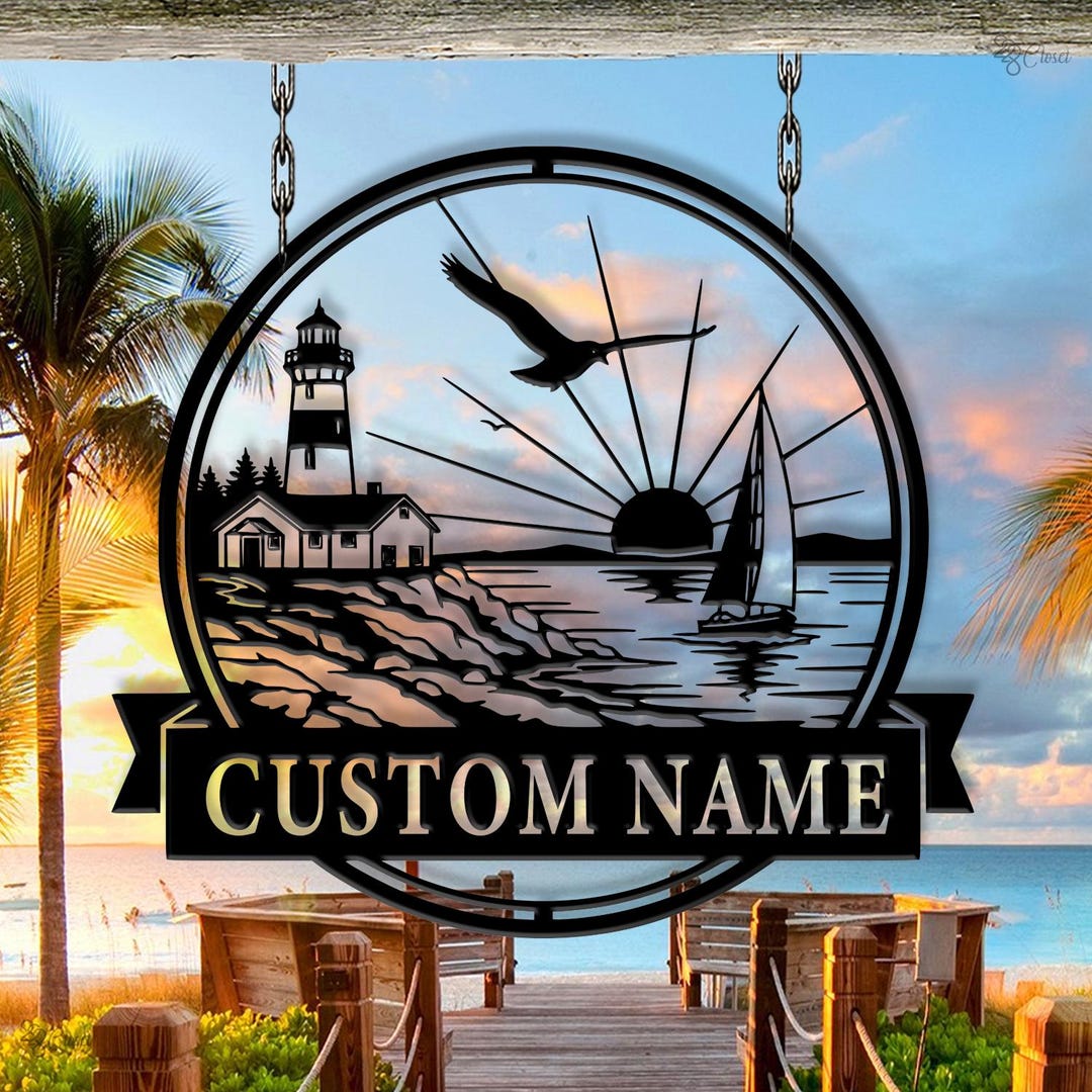 Custom Coastal Metal Sign, Lighthouse & Sailboat Decor, Ocean View ...