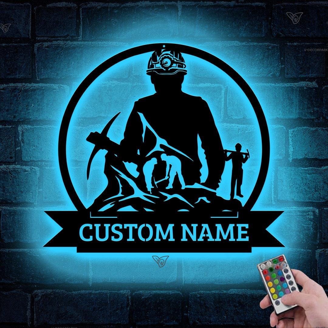 Custom Coal Mining Metal Wall Art LED Light Personalized Miner Name ...