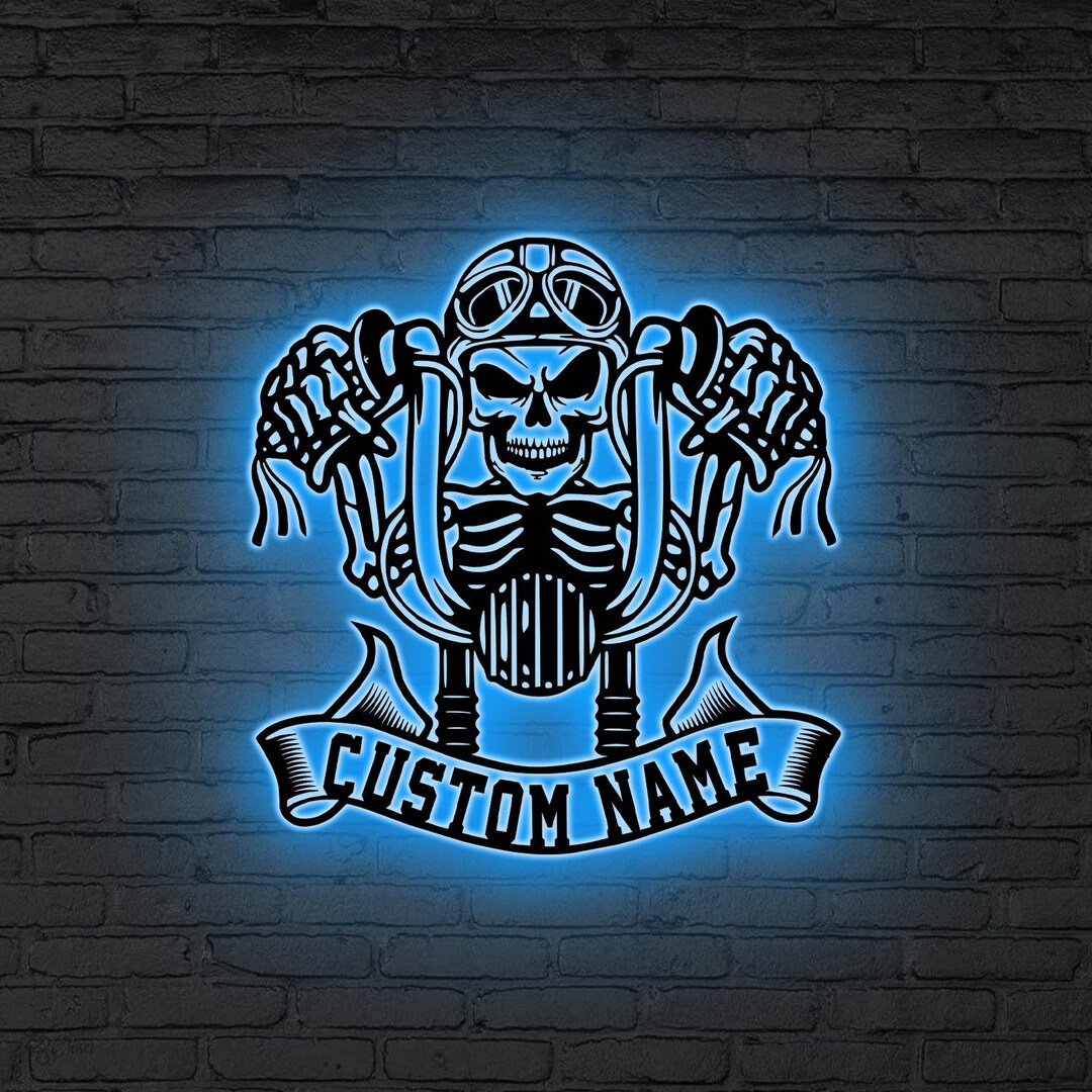 Custom Skull Motorcycle Metal Wall Art LED Lights,personalized Skull ...