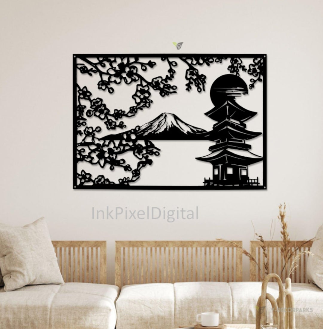 Japanese Metal Wall Art, Cherry Blossom Metal Wall Decor, Mount Fuji ...