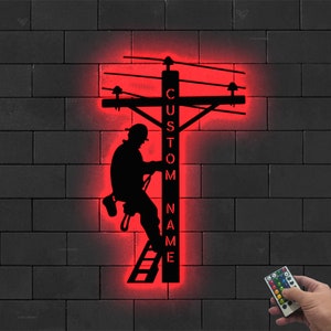 Personalized US Lineman Metal Wall Art LED Light, Custom Lineman Name ...