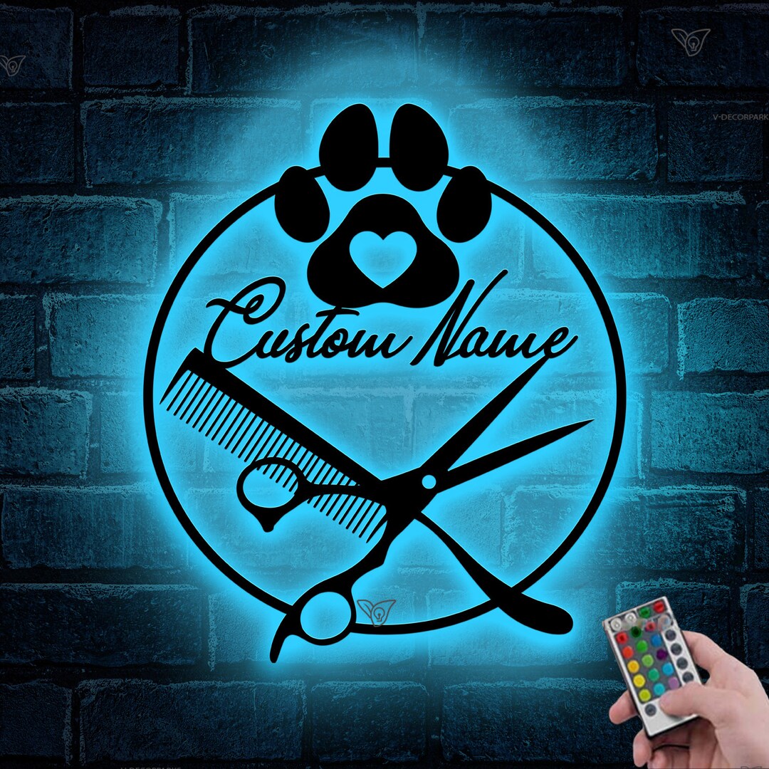 Custom Dog Grooming Hair Salon Metal Wall Art LED Light Dog Grooming ...