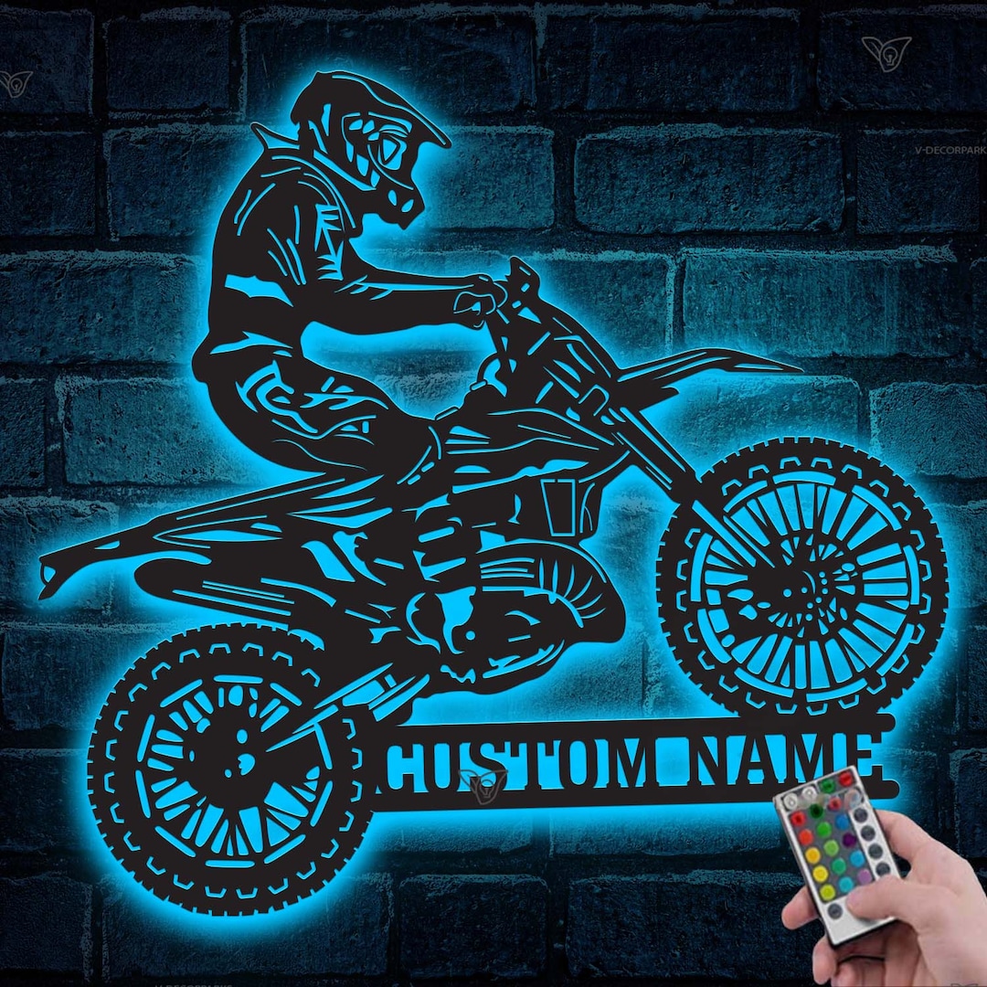 Personalized Motocross Biker Metal Wall Art LED Lights Custom Dirt Bike ...