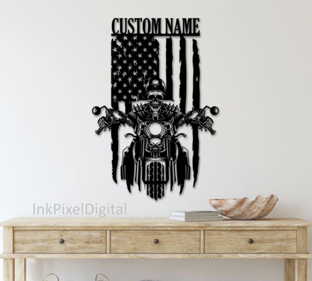 Custom US Flag Skull Motorcycle Metal Wall Art, Personalized Garage ...