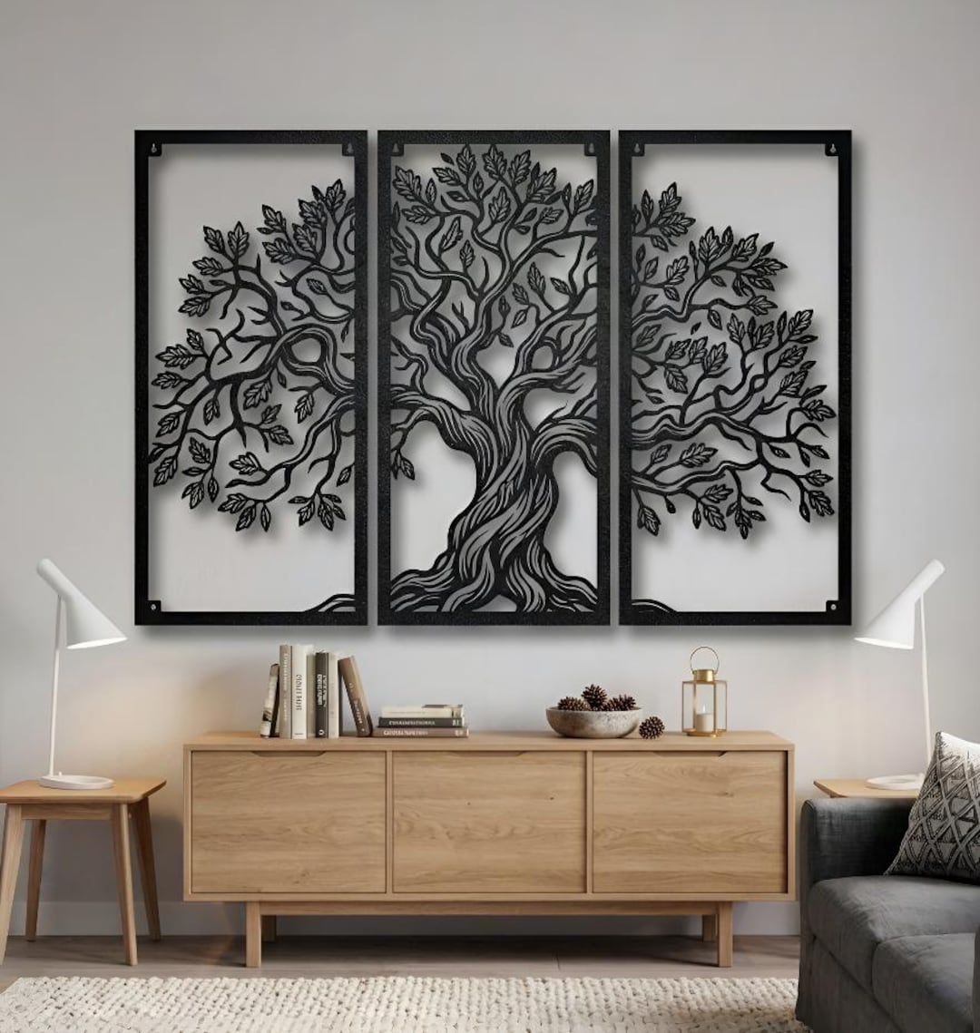 Oak Tree Metal Wall Art, 3 Panel Tree Wall Decor, Minimalist Nature ...