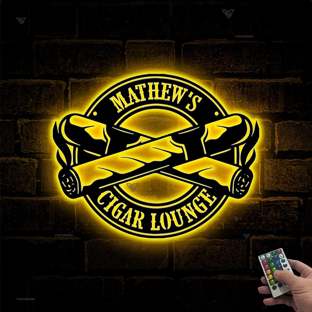 Personalized Cigar Lounge Metal Wall Art LED Light Custom Smoking Cigar ...