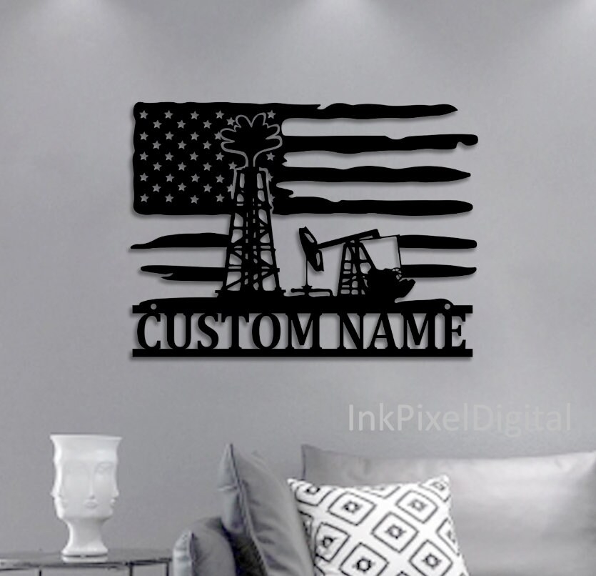Custom US Flag Oil Rig Metal Wall Art, Personalized Oil Field Name Sign ...