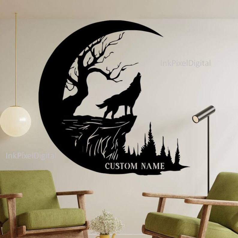 Custom Howling Wolf Sign Personalized Wolf on the Srescent Moon Forest ...