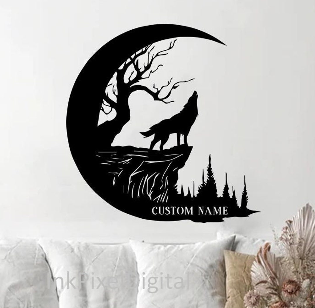 Custom Howling Wolf Sign Personalized Wolf on the Srescent Moon Forest ...