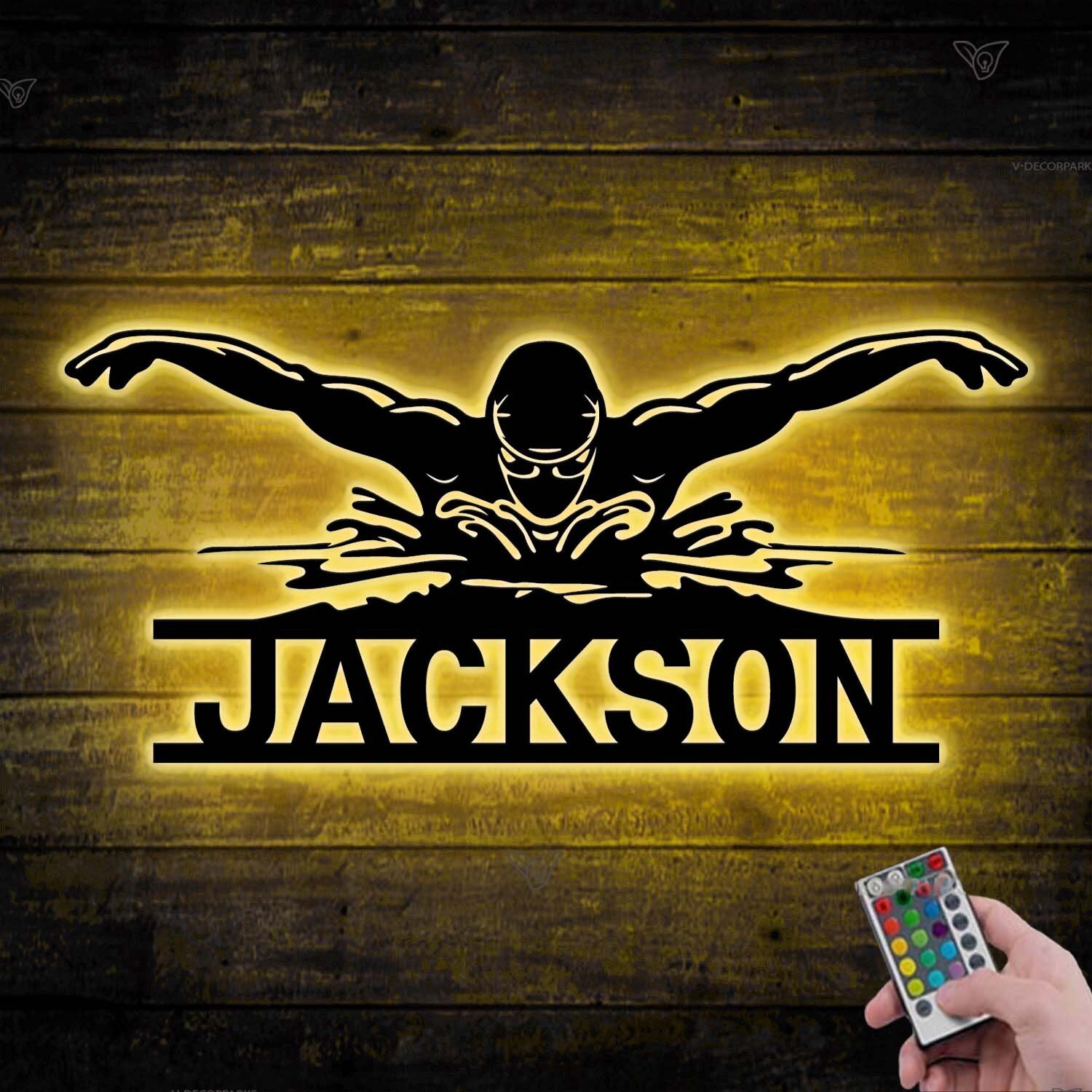 Custom Man Swimmer Metal Wall Art LED Light Personalized Swimming Sign ...