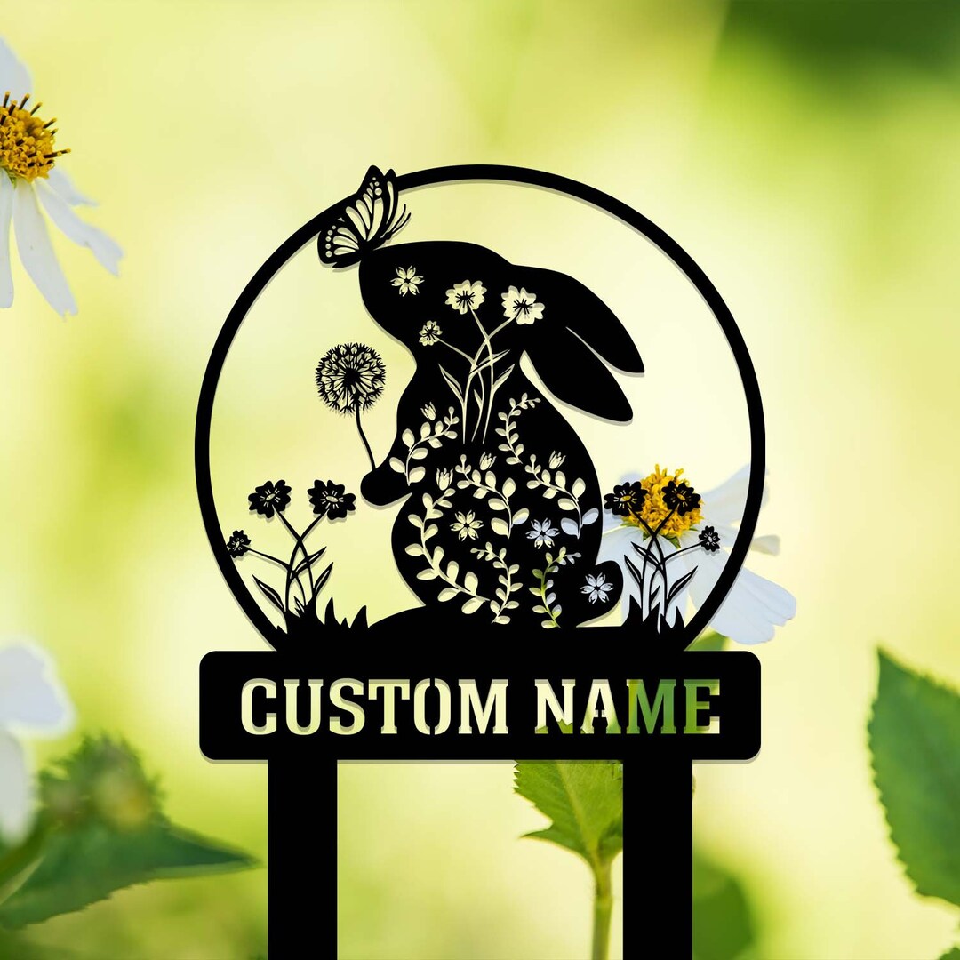 Personalized Floral Rabbit Metal Garden Stake,flower Bunny Garden Sign ...