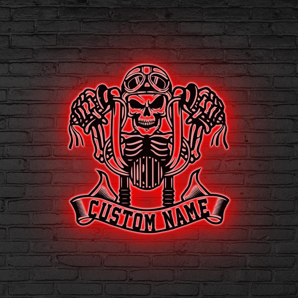 Custom Skull Motorcycle Metal Wall Art LED Lights,personalized Skull ...
