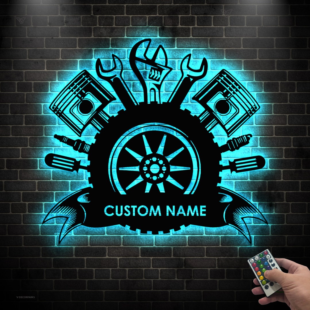 Custom Garage Sign Tools Repair Metal Wall Art LED Light Personalized ...