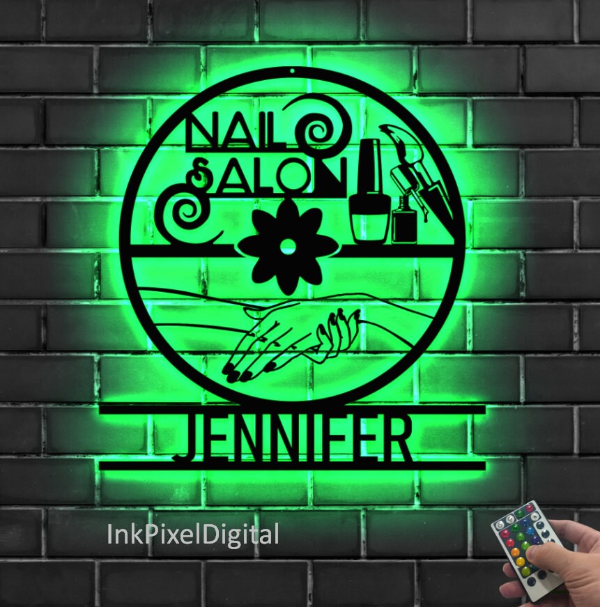 Custom Nail Tech Metal Wall Art LED Light Nail Salon Sign Personalized ...