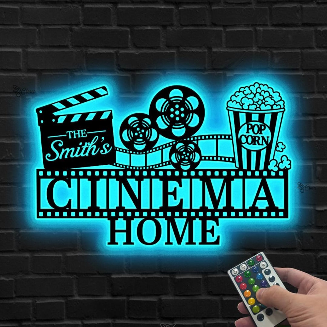 Custom Home Cinema LED Metal Sign, Personalized Movie Room Wall Light ...