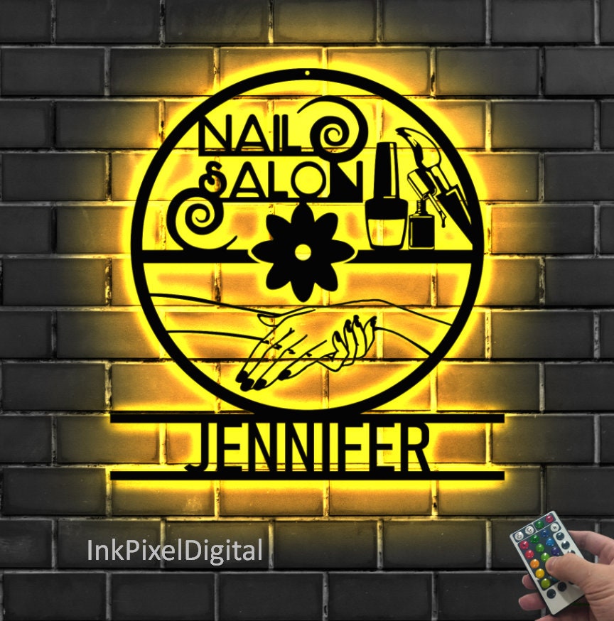 Custom Nail Tech Metal Wall Art LED Light Nail Salon Sign Personalized ...