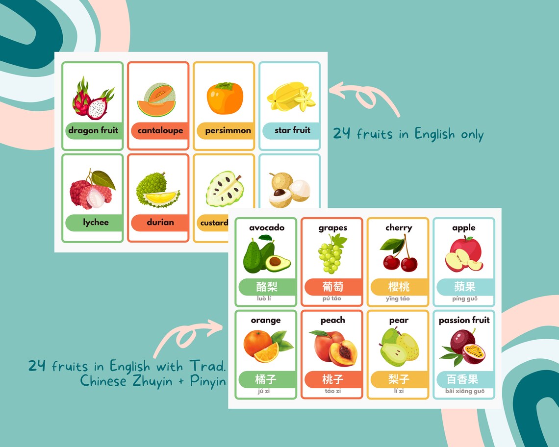 24 Fruits Bilingual Flash Cards English-traditional Chinese - Etsy