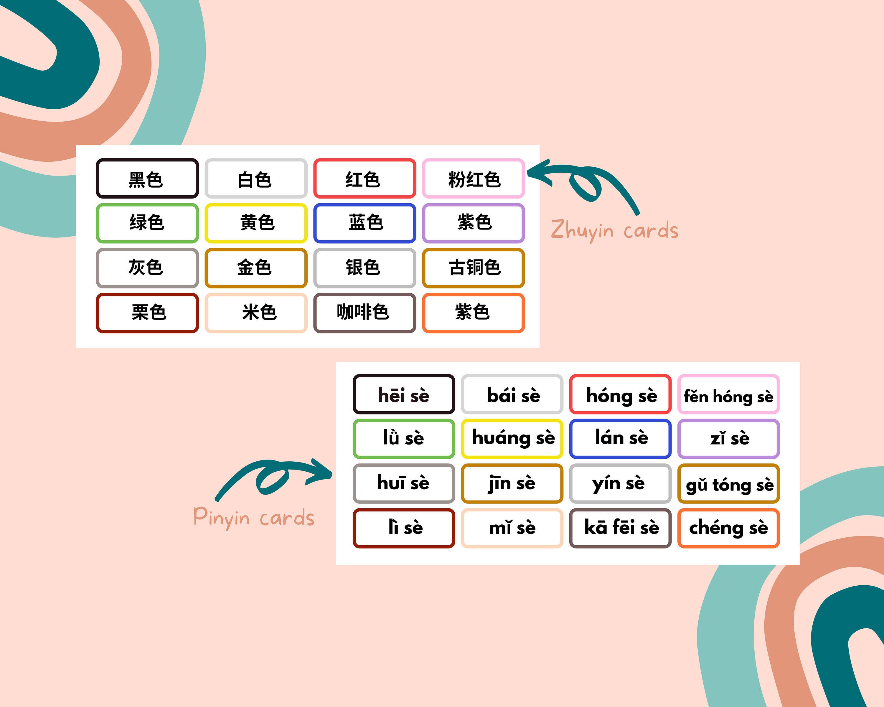 16 Colors Bilingual Flash Cards English-traditional Chinese Zhuyin and ...