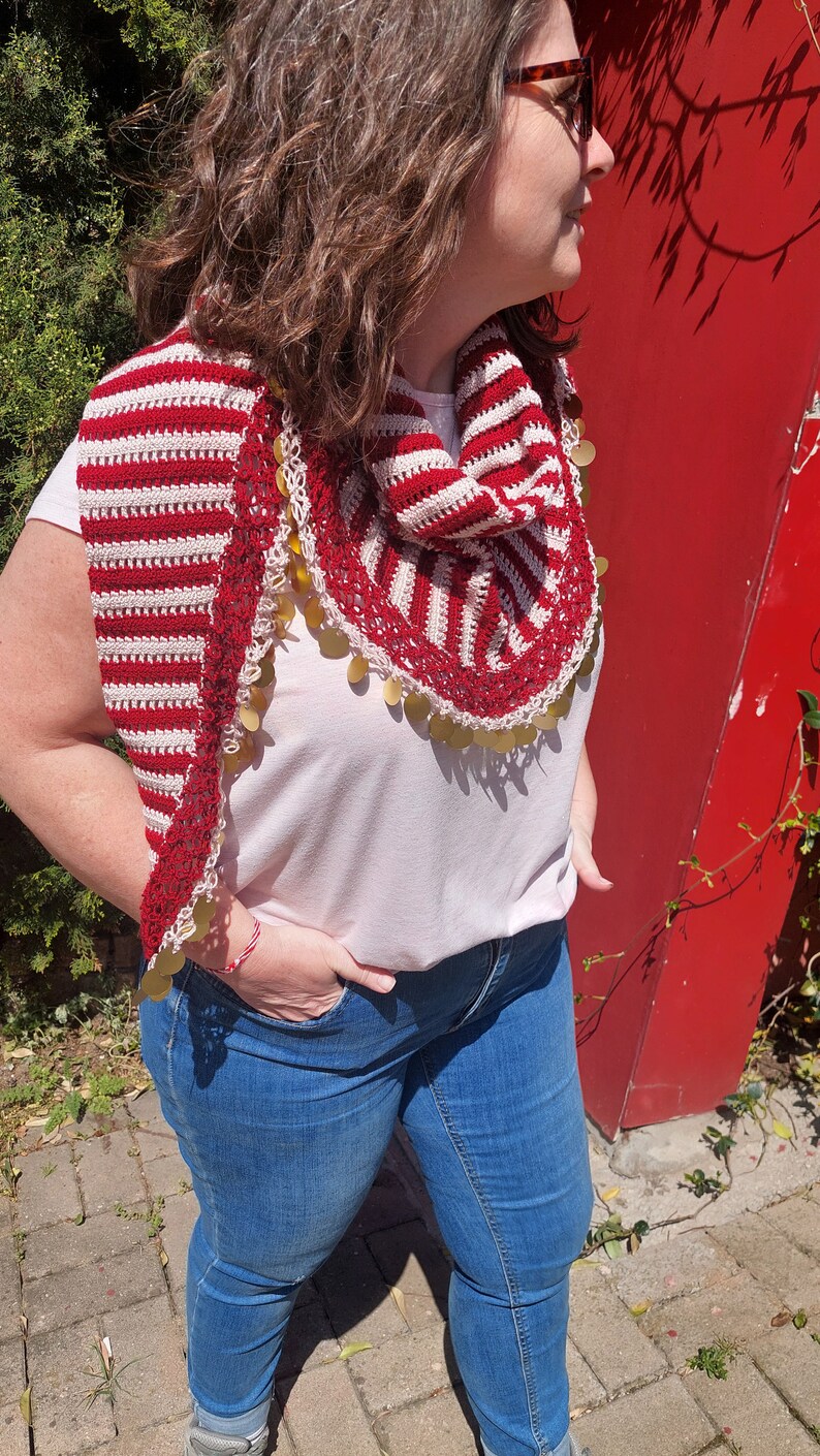 A Narrow Triangular Shawl in Mink and Burgundy Stripes With Sequins on ...
