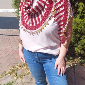 A Narrow Triangular Shawl in Mink and Burgundy Stripes With Sequins on ...