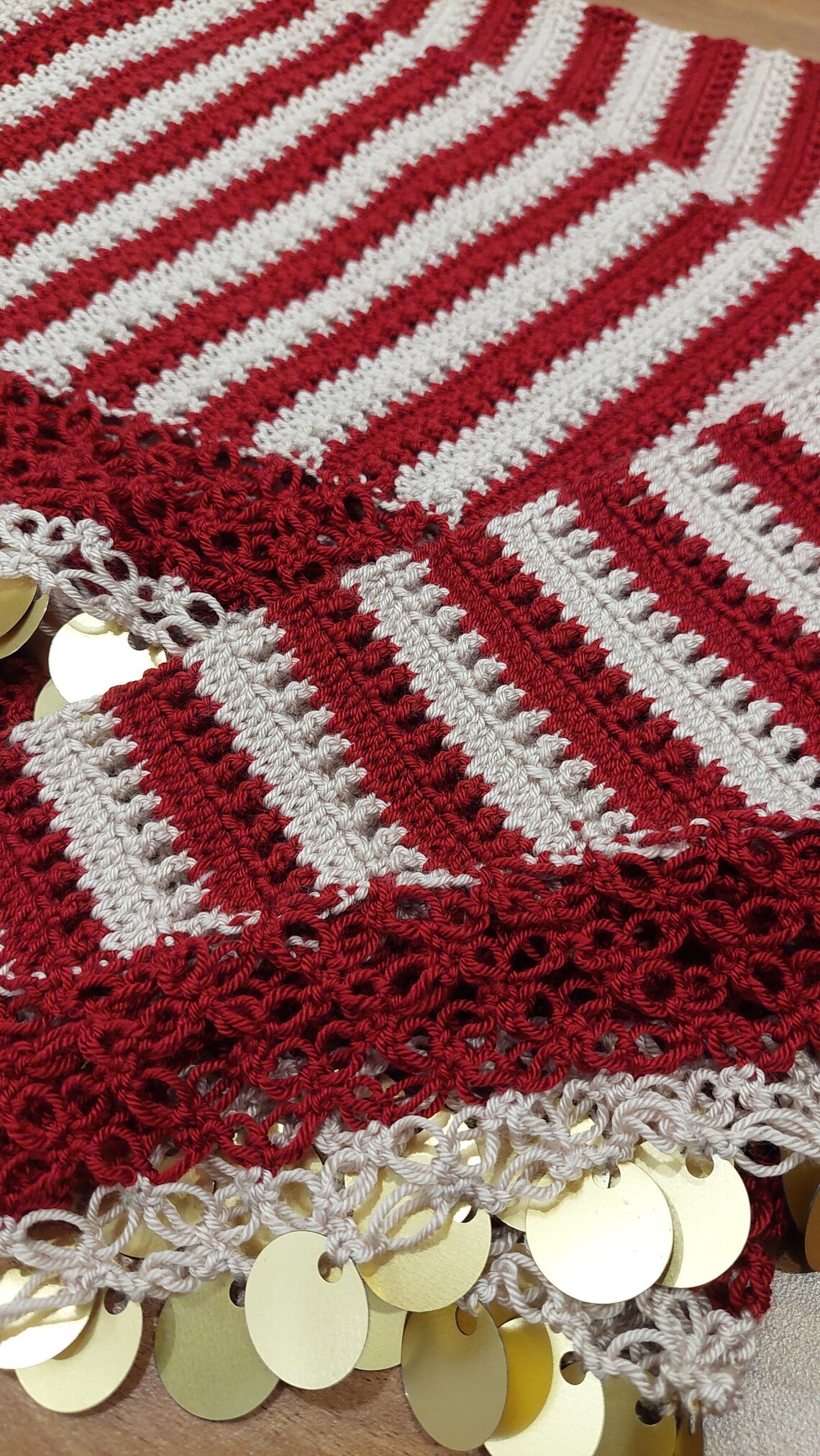 A Narrow Triangular Shawl in Mink and Burgundy Stripes With Sequins on ...