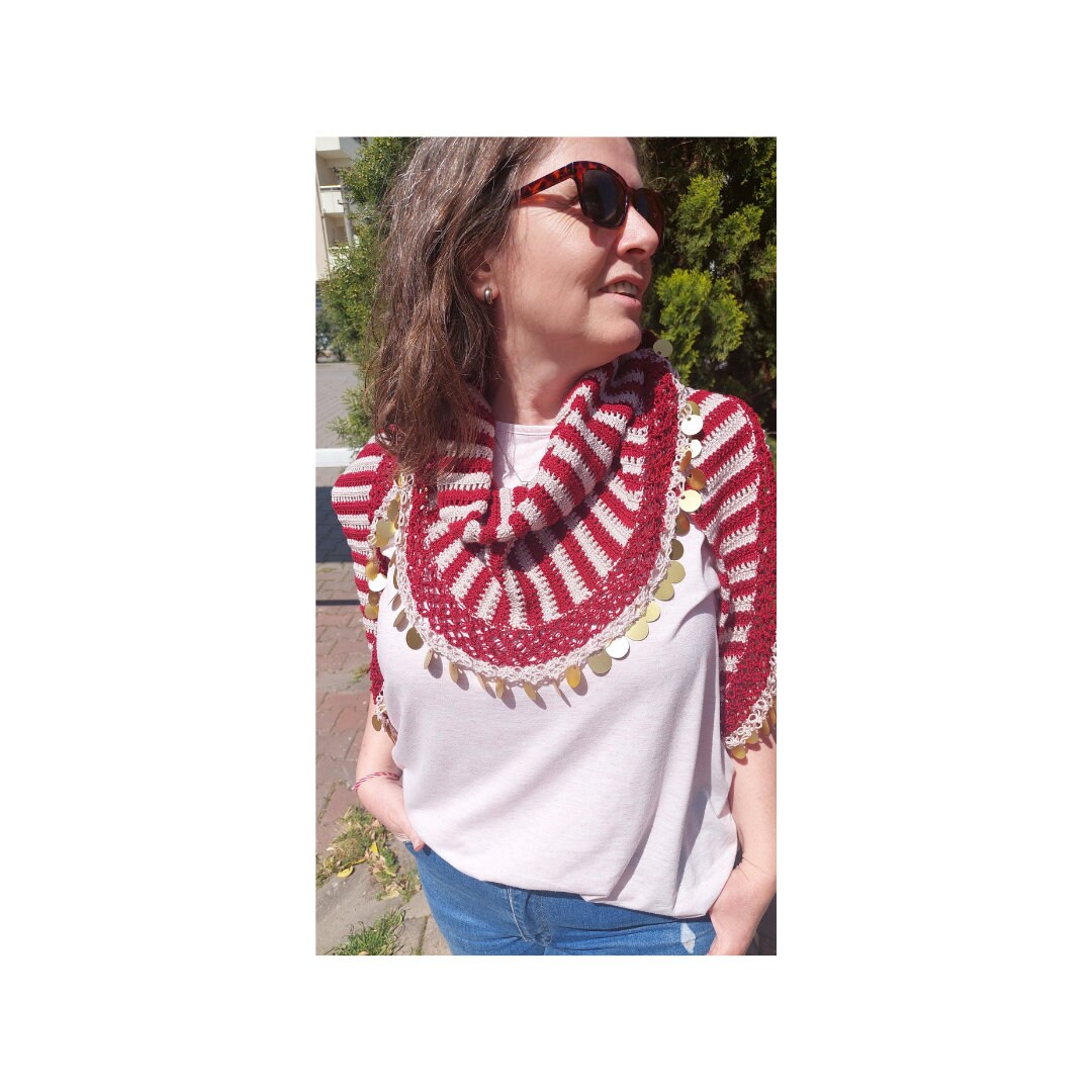 A Narrow Triangular Shawl in Mink and Burgundy Stripes With Sequins on ...