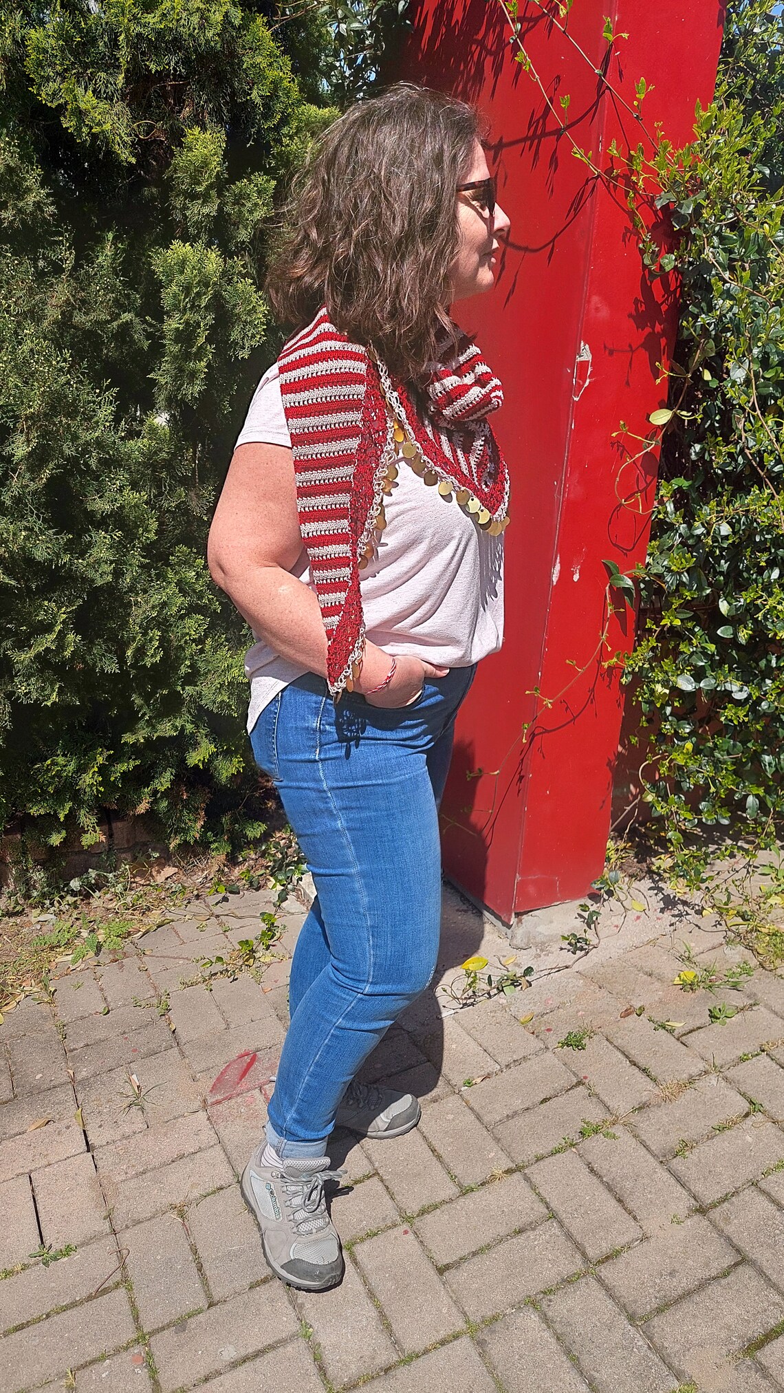 A Narrow Triangular Shawl in Mink and Burgundy Stripes With Sequins on ...