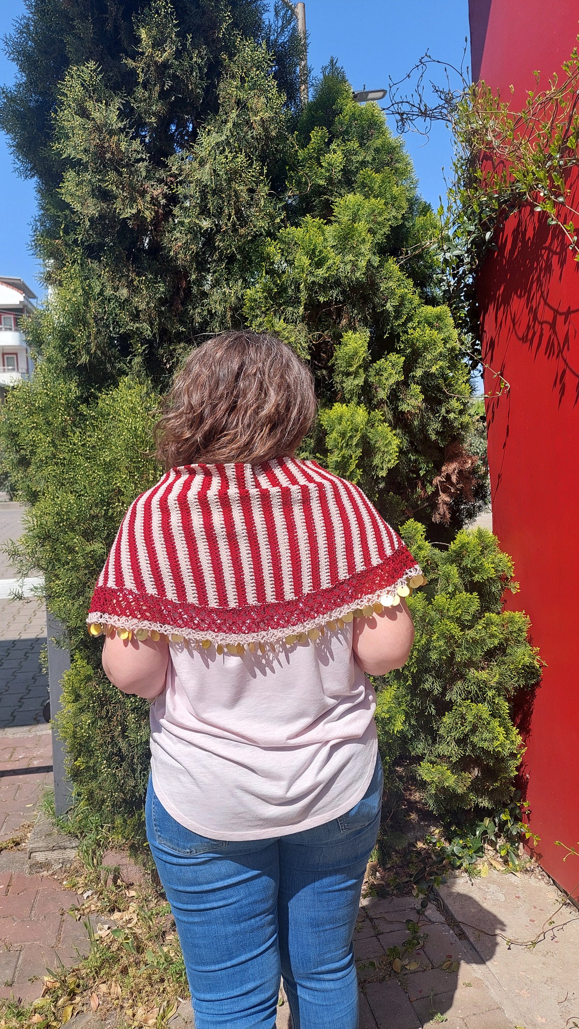 A Narrow Triangular Shawl in Mink and Burgundy Stripes With Sequins on ...