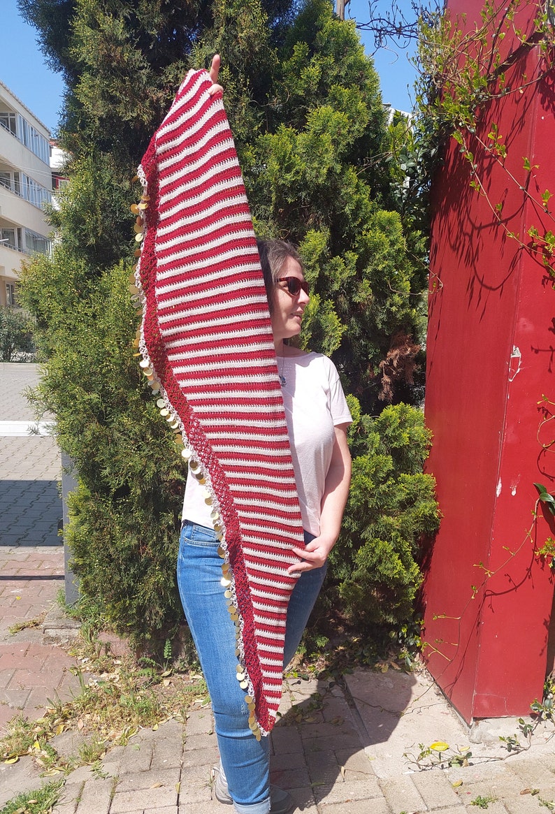 A Narrow Triangular Shawl in Mink and Burgundy Stripes With Sequins on ...