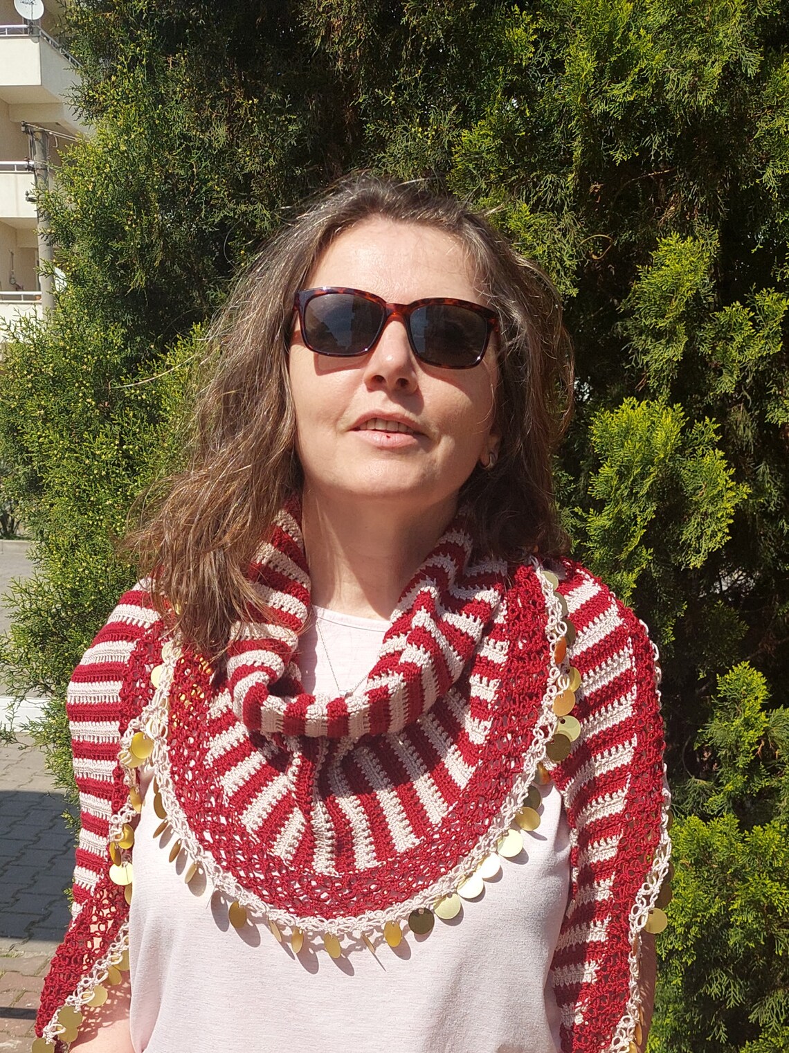 A Narrow Triangular Shawl in Mink and Burgundy Stripes With Sequins on ...