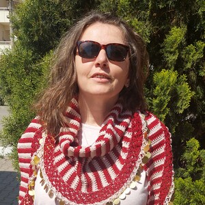 A Narrow Triangular Shawl in Mink and Burgundy Stripes With Sequins on ...