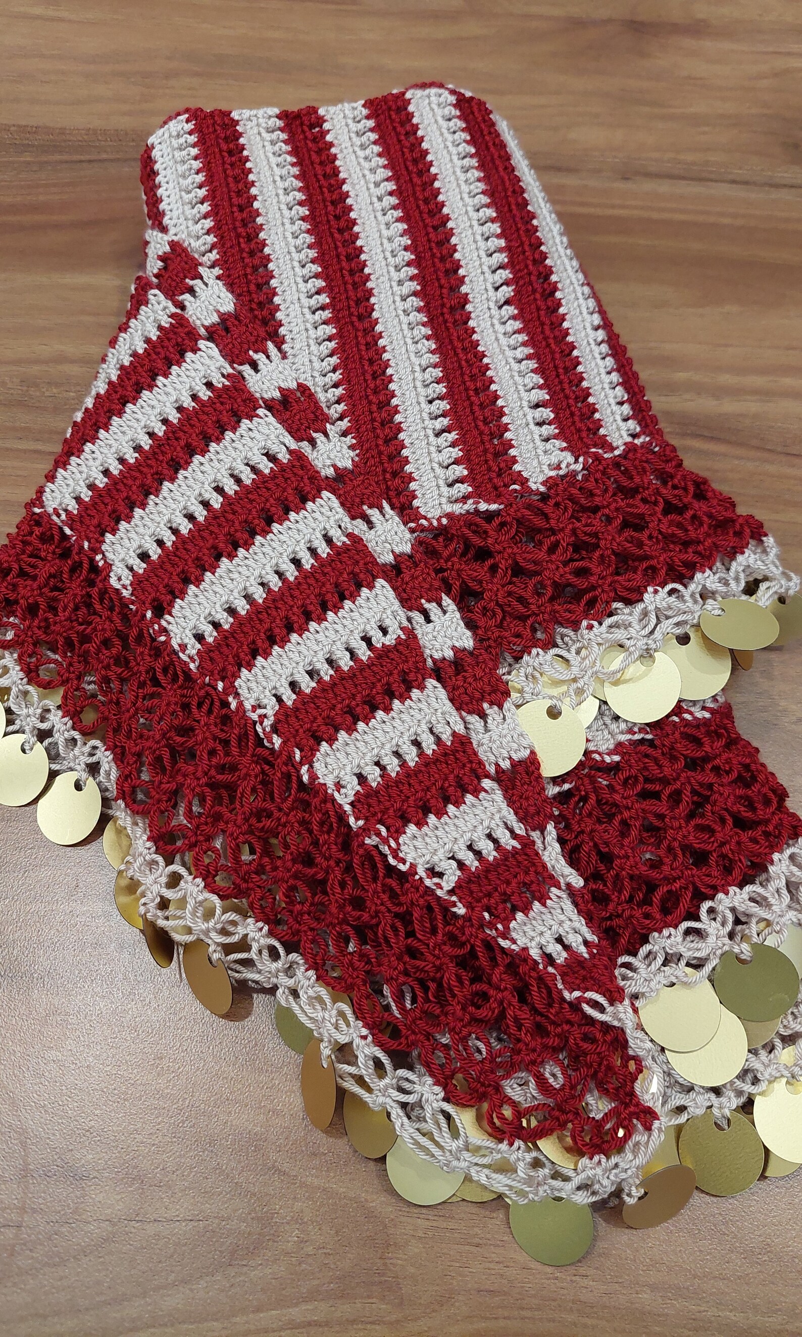 A Narrow Triangular Shawl in Mink and Burgundy Stripes With Sequins on ...