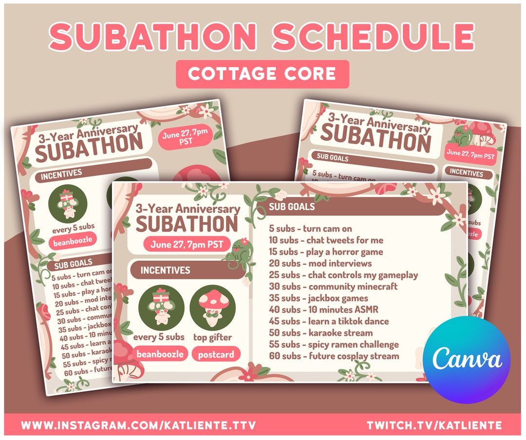 Cottage Core Subathon Schedule Template: Customizable Canva Design (PDF ...