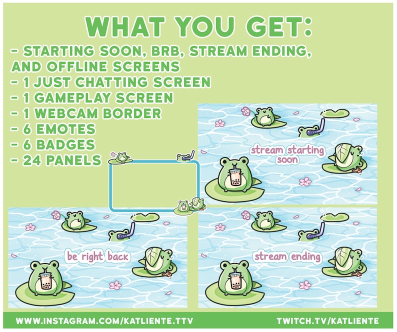 Kawaii Frog Twitch Overlay Package: Scenes, Emotes, Badges (digital ...