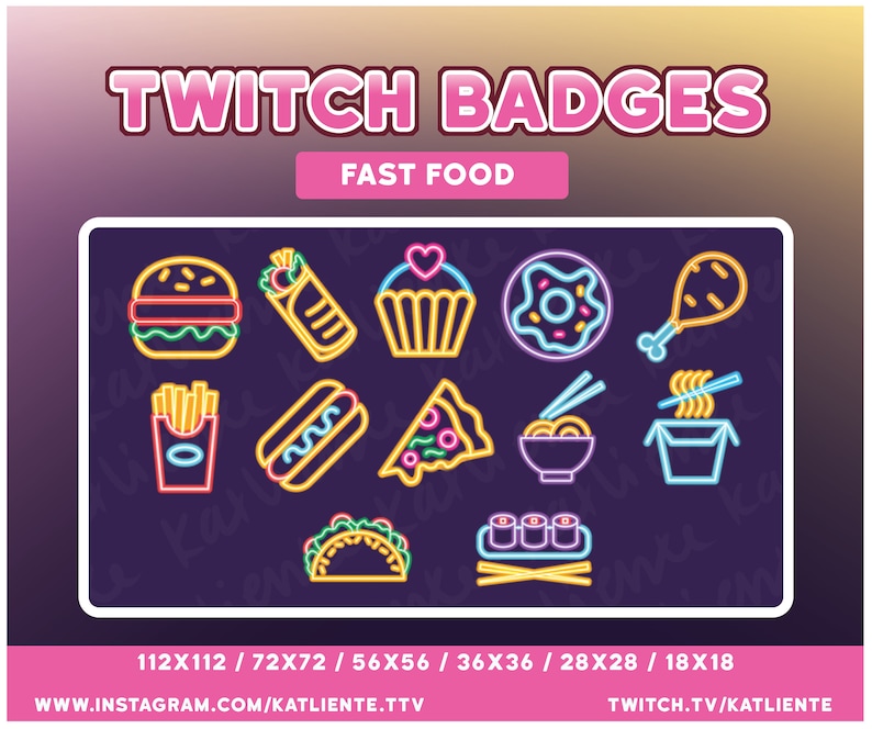 Neon Fast Food Twitch Badges: Burger, Pizza, Sushi (digital Download ...