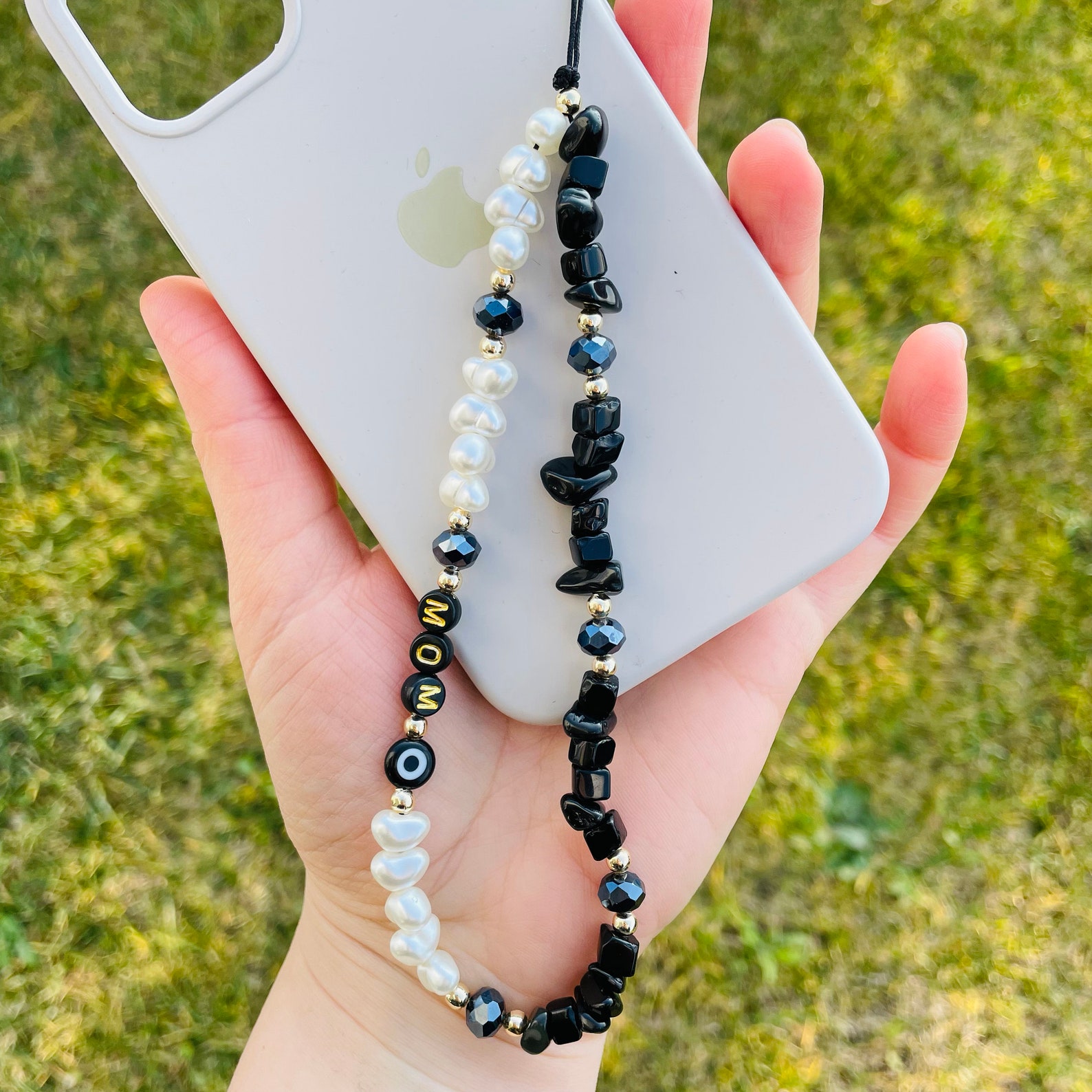Phone Charm Strap With Black Obsidian, Pearl Evil Eye Phone Chain ...