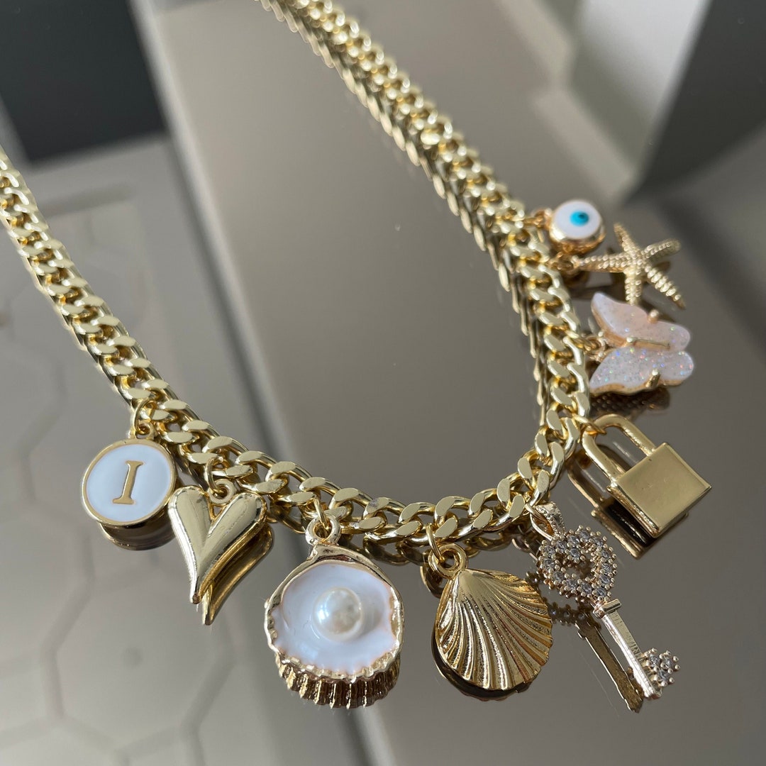 Charm Necklace for Women, 18k Gold Plated Curb Chain Chunky Necklace ...